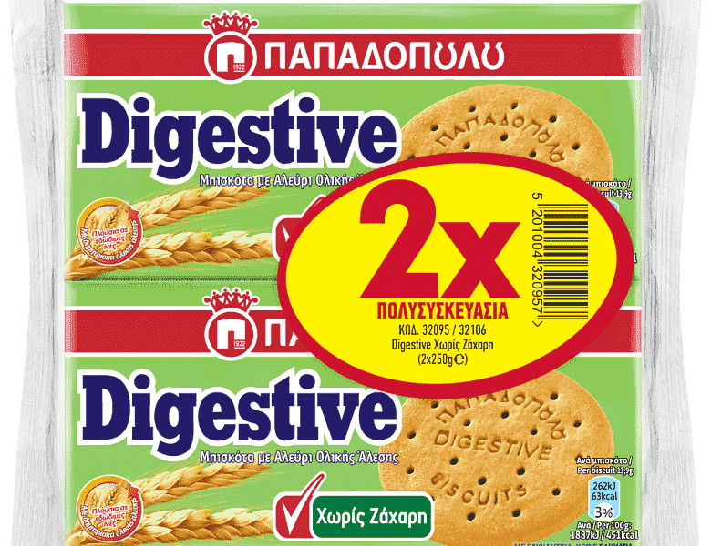 Παπαδοπούλου Digestive Μπισκότα Χωρίς Ζάχαρη 2x250gr | mymarket.gr